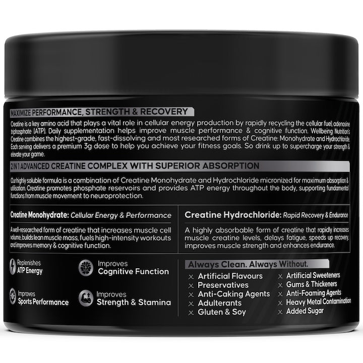 Creatine Monohydrate + HCL 100g - Unflavored | Wellbeing Nutrition